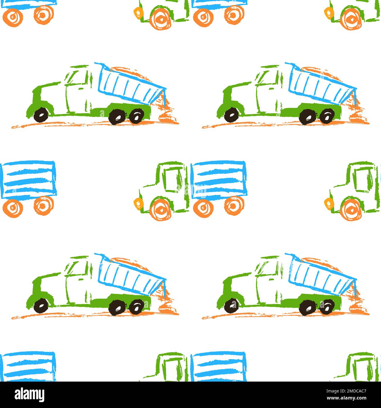 Cars seamless pattern. Dump truck. Children's drawings with wax crayons ...