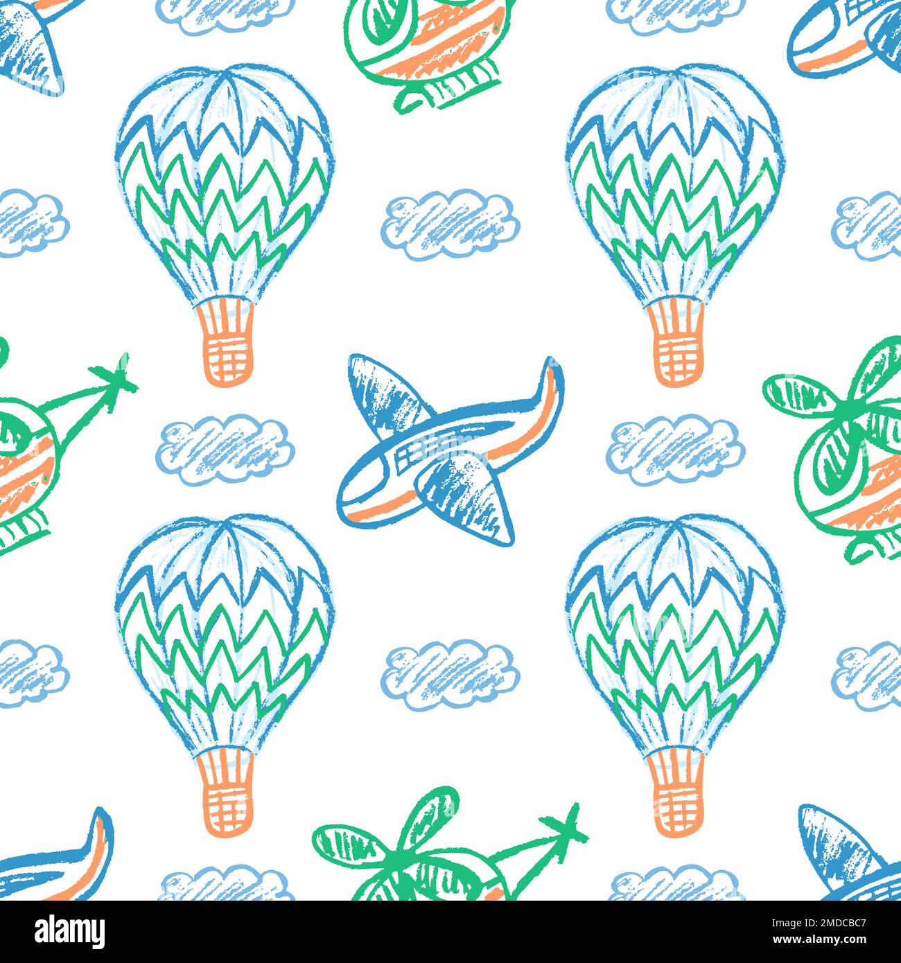 Air transport seamless pattern. Children's drawings with wax crayons ...