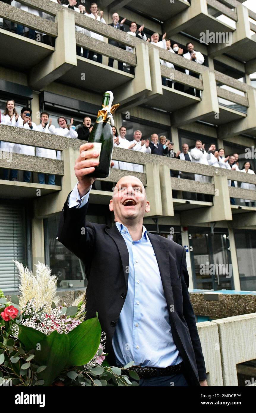 German scientist Benjamin List celebrates with champagne after he ...