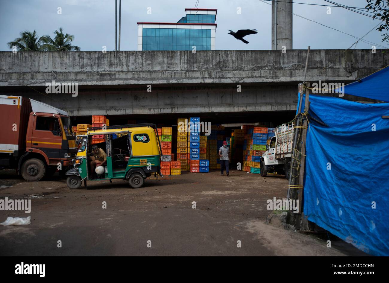 An auto rickshaw driver halts to turn back and look as empty crates are ...