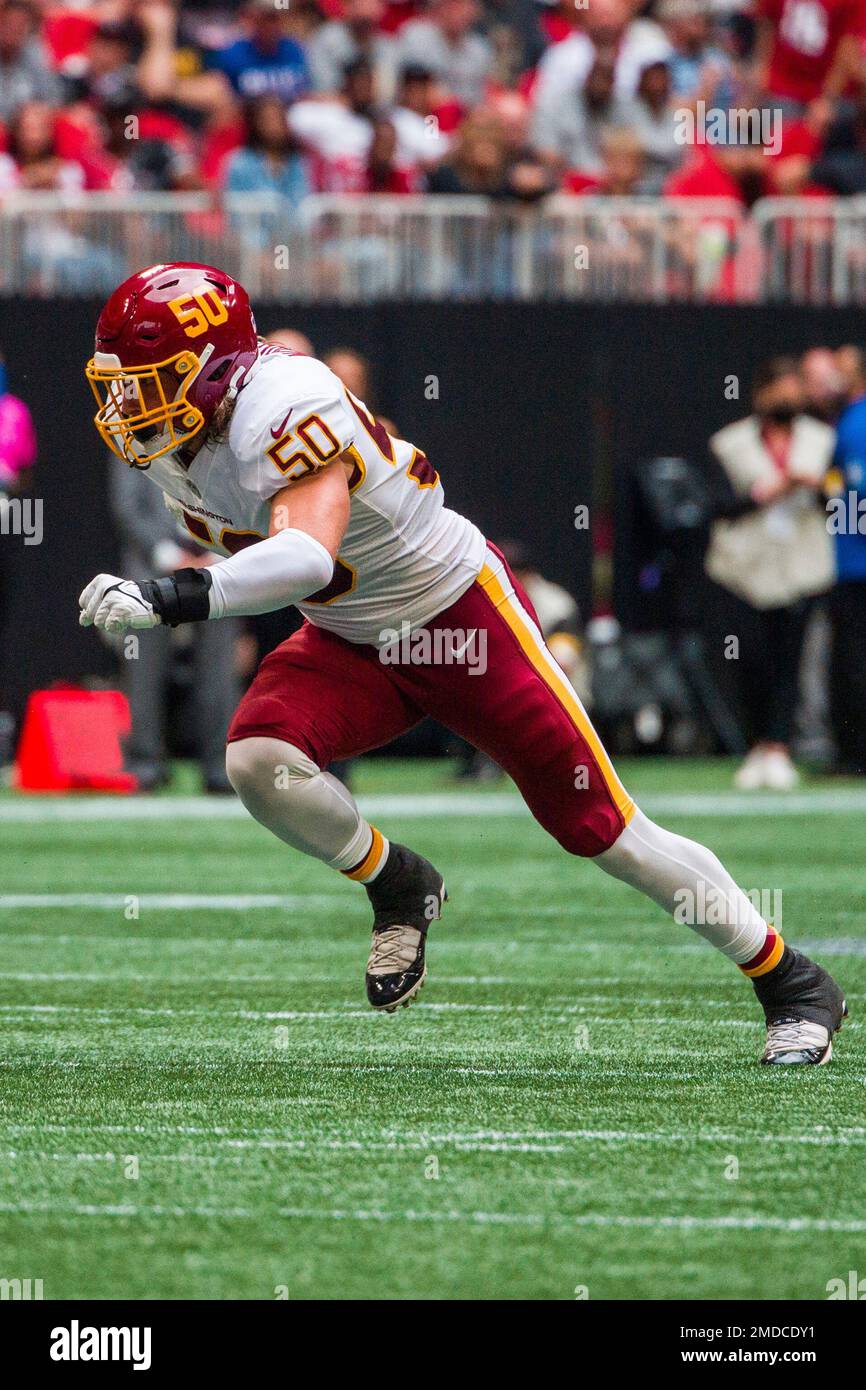 Washington Football Team linebacker Jared Norris (50) works during the ...
