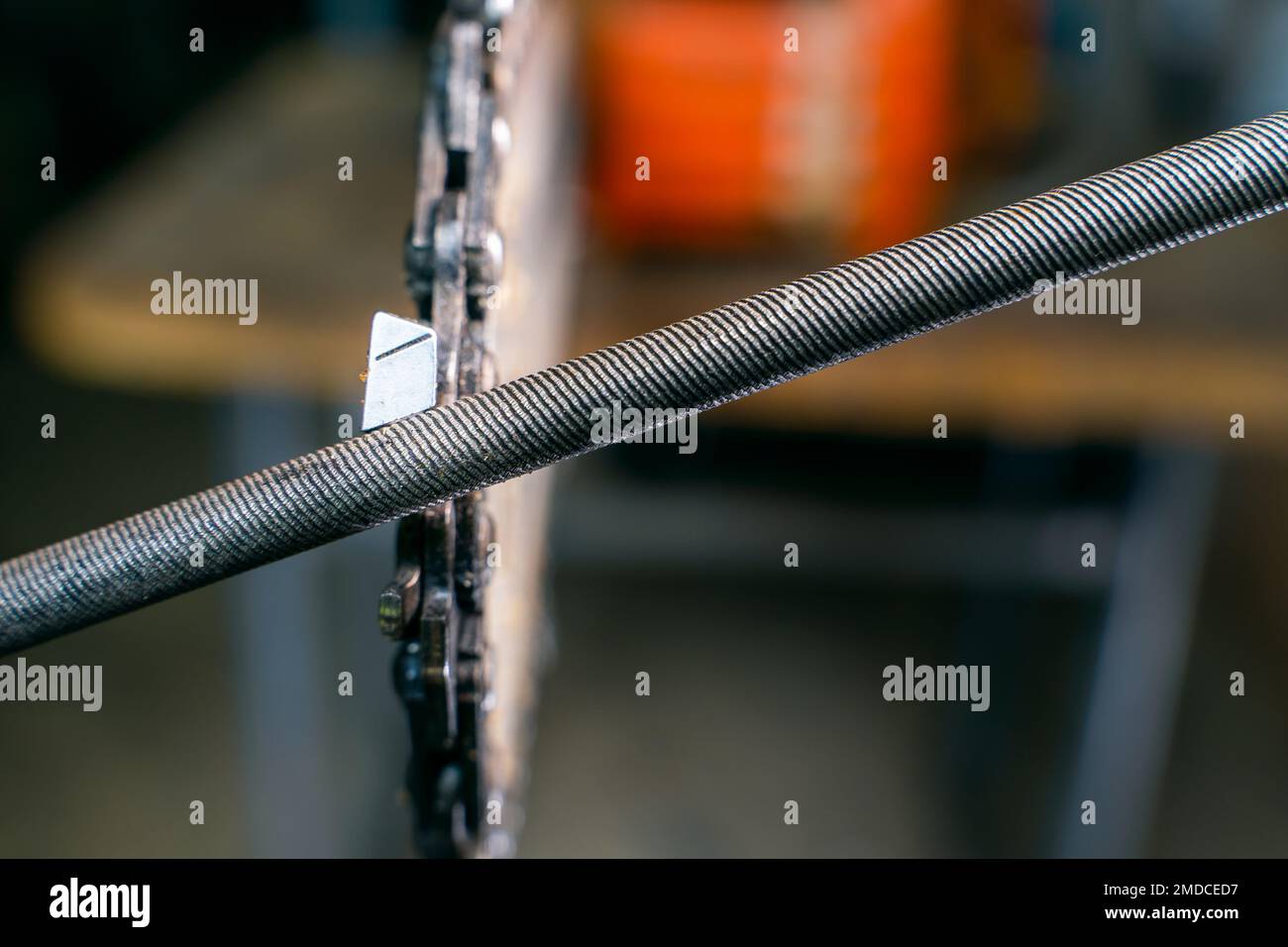 A round file sharpens a saw chain on a chainsaw bar close-up on a ...