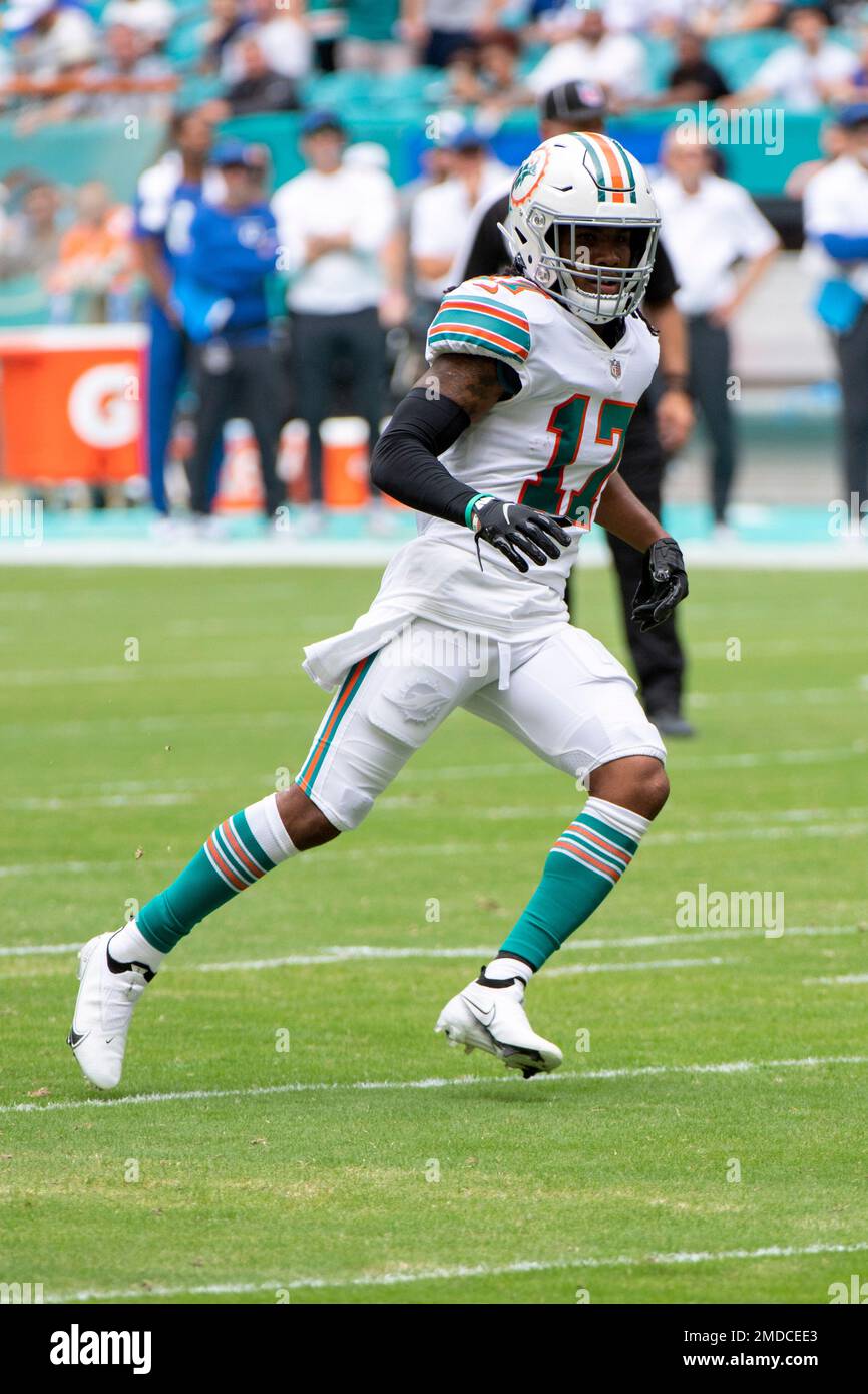 Miami Dolphins wide receiver Jaylen Waddle (17) runs a route during an ...