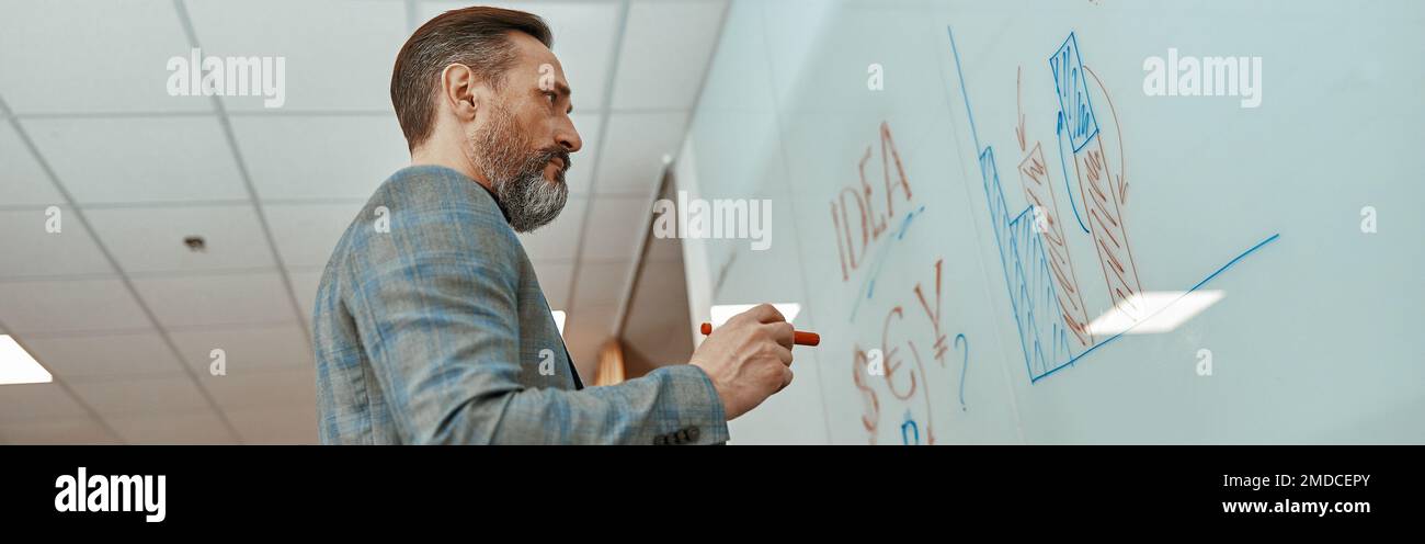 Caucasian man writing on whiteboard for his presentation Stock Photo ...