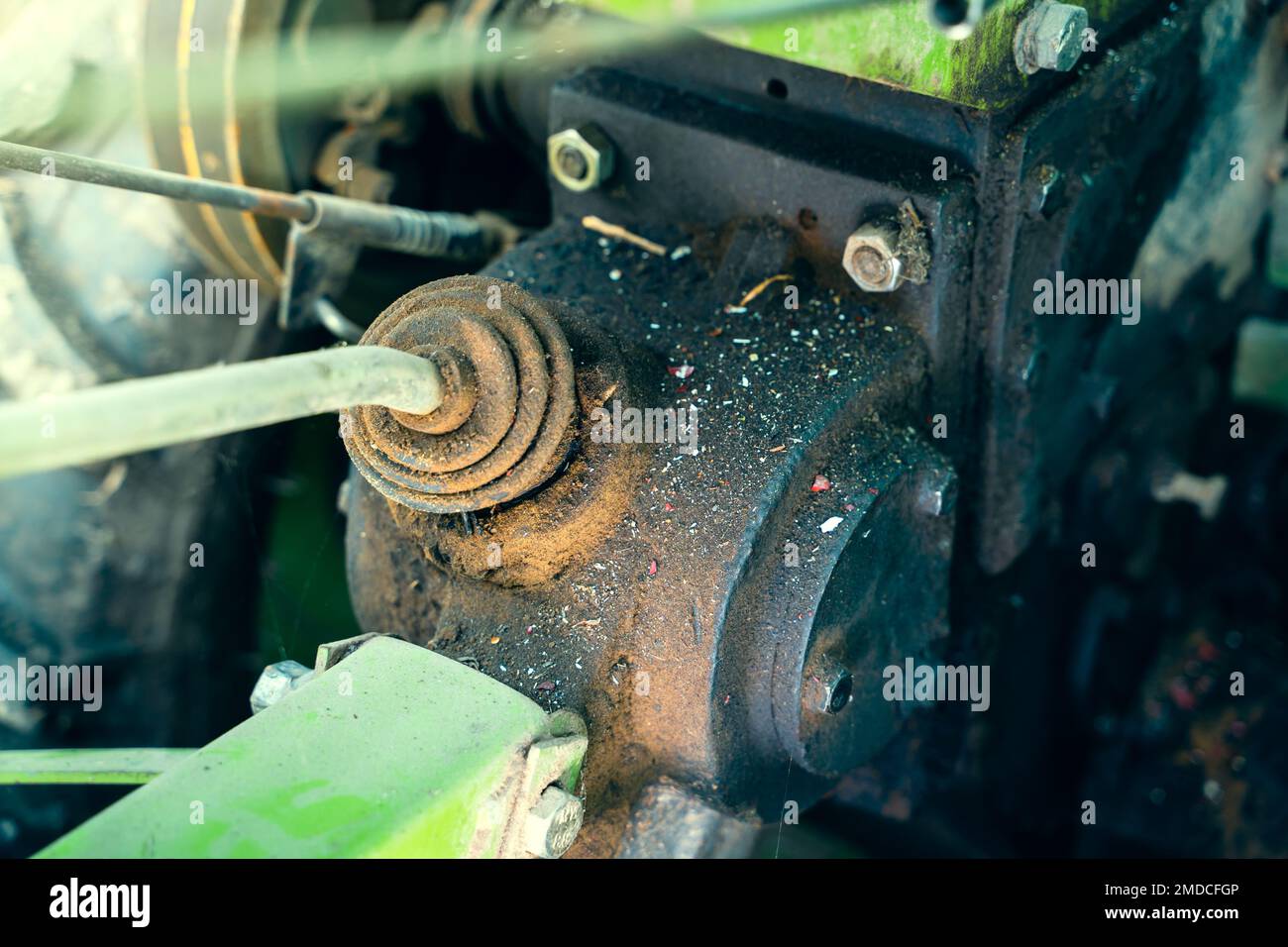 Gear lever on a walk-behind tractor close-up on a blurred background ...