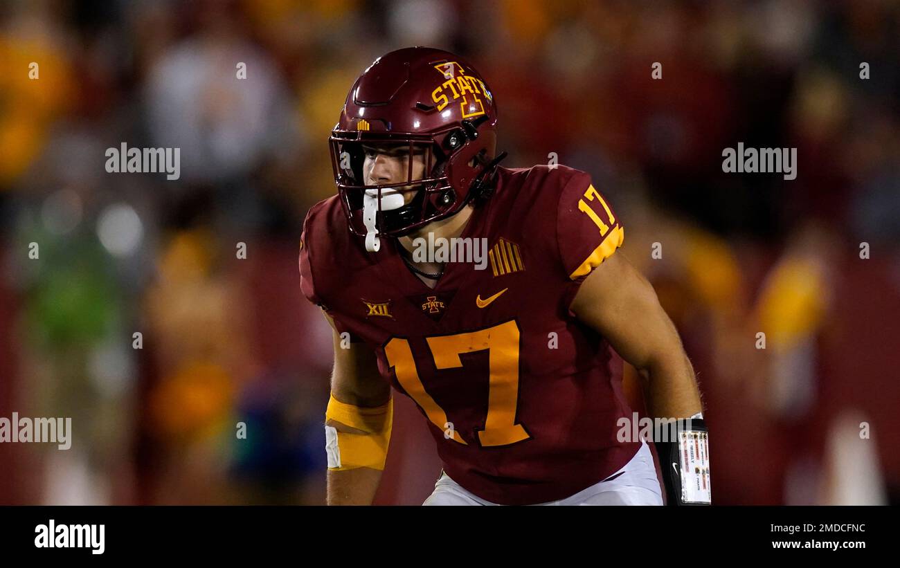 Iowa State defensive back Shane Starcevich (17) gets set for a play ...