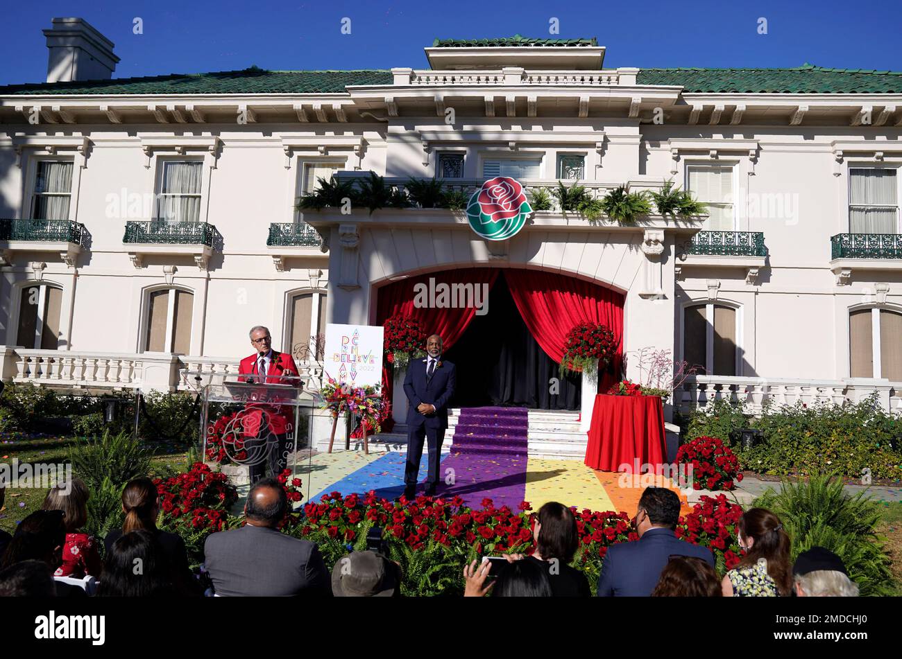 Pasadena Tournament of Roses president Robert Miller, left, introduces ...