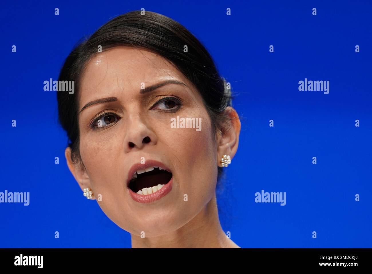 Britain's Home Secretary Priti Patel speaks at the Conservative Party ...