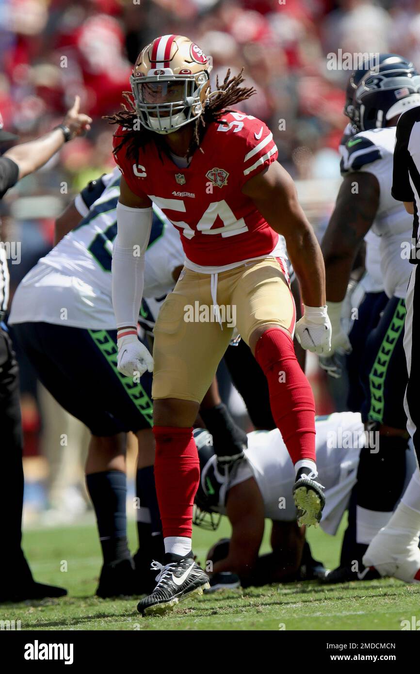 San Francisco 49ers Fred Warner (54) reacts after a play during an NFL ...