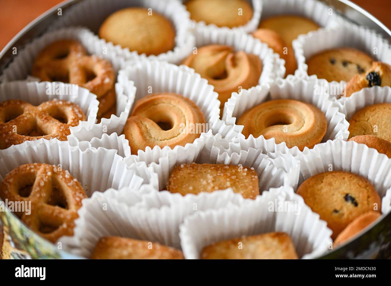 cookie box with danish butter cookies on box background, close up Stock ...