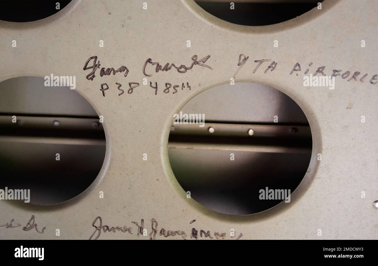 Veteran signatures line the inside of the B-25 Champaign Gal’s bomb bay ...