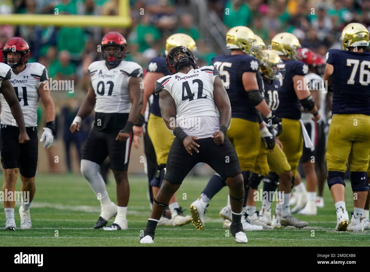 Cincinnati defensive lineman Malik Vann (42) reacts after a sack during ...