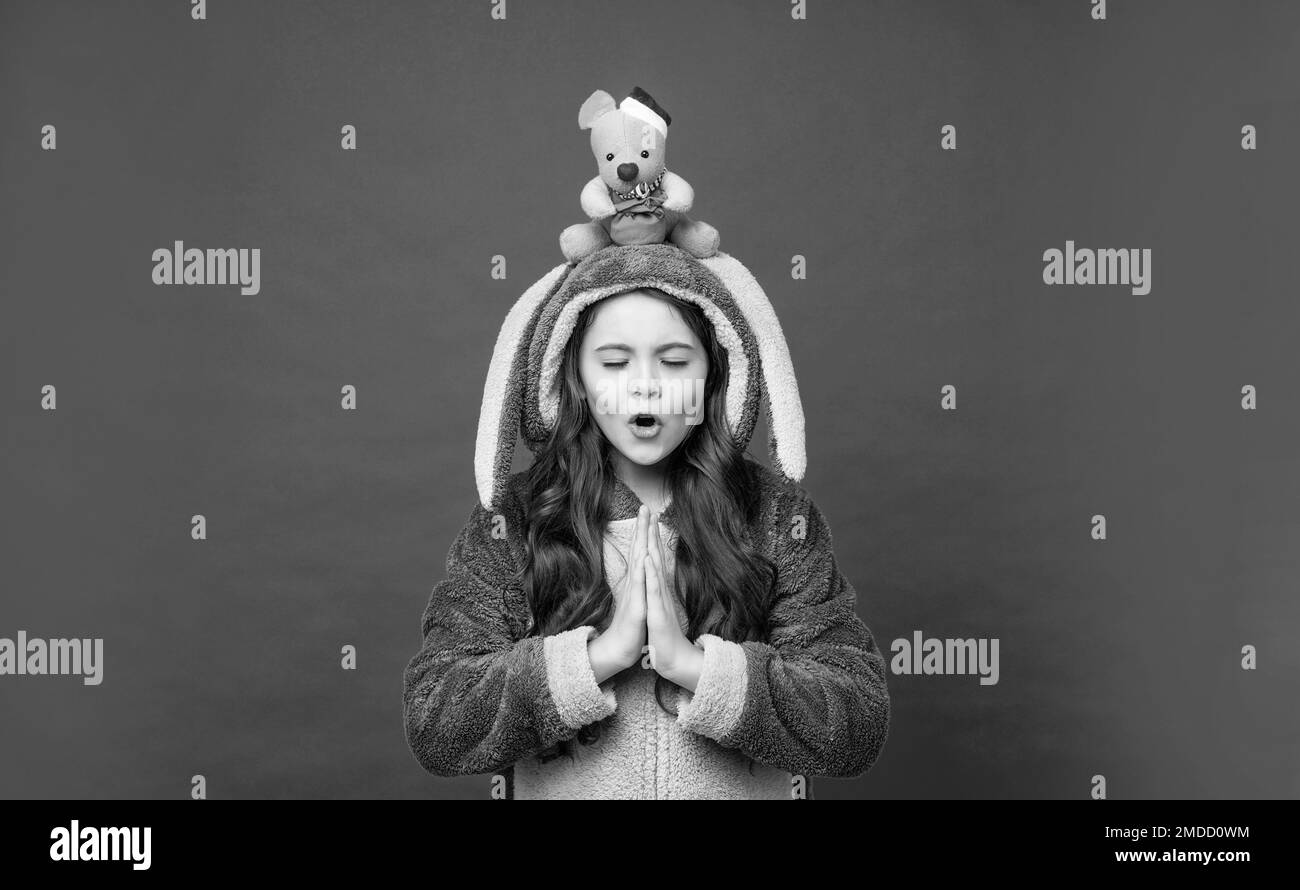 childhood happiness. good morning. kid wear soft night suit. child in ...