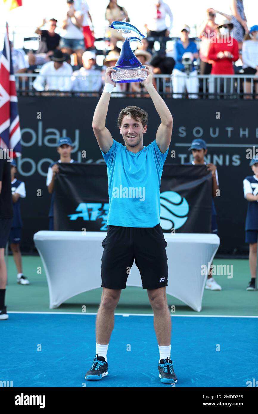 Norway's Casper Ruud holds up the championship trophy after defeating ...