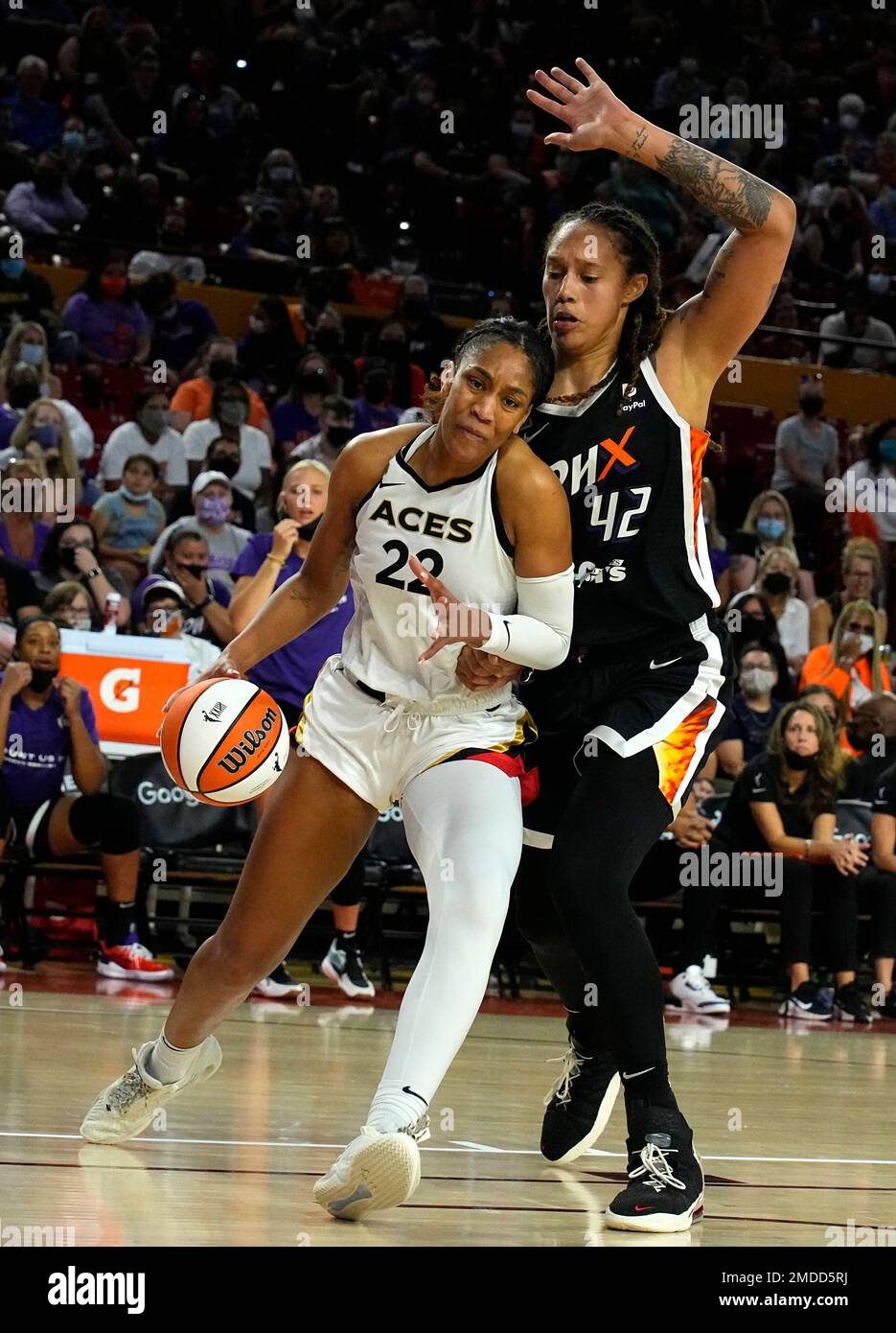 Las Vegas Aces forward A'ja Wilson (22) during the first half of a WNBA basketball game against ...