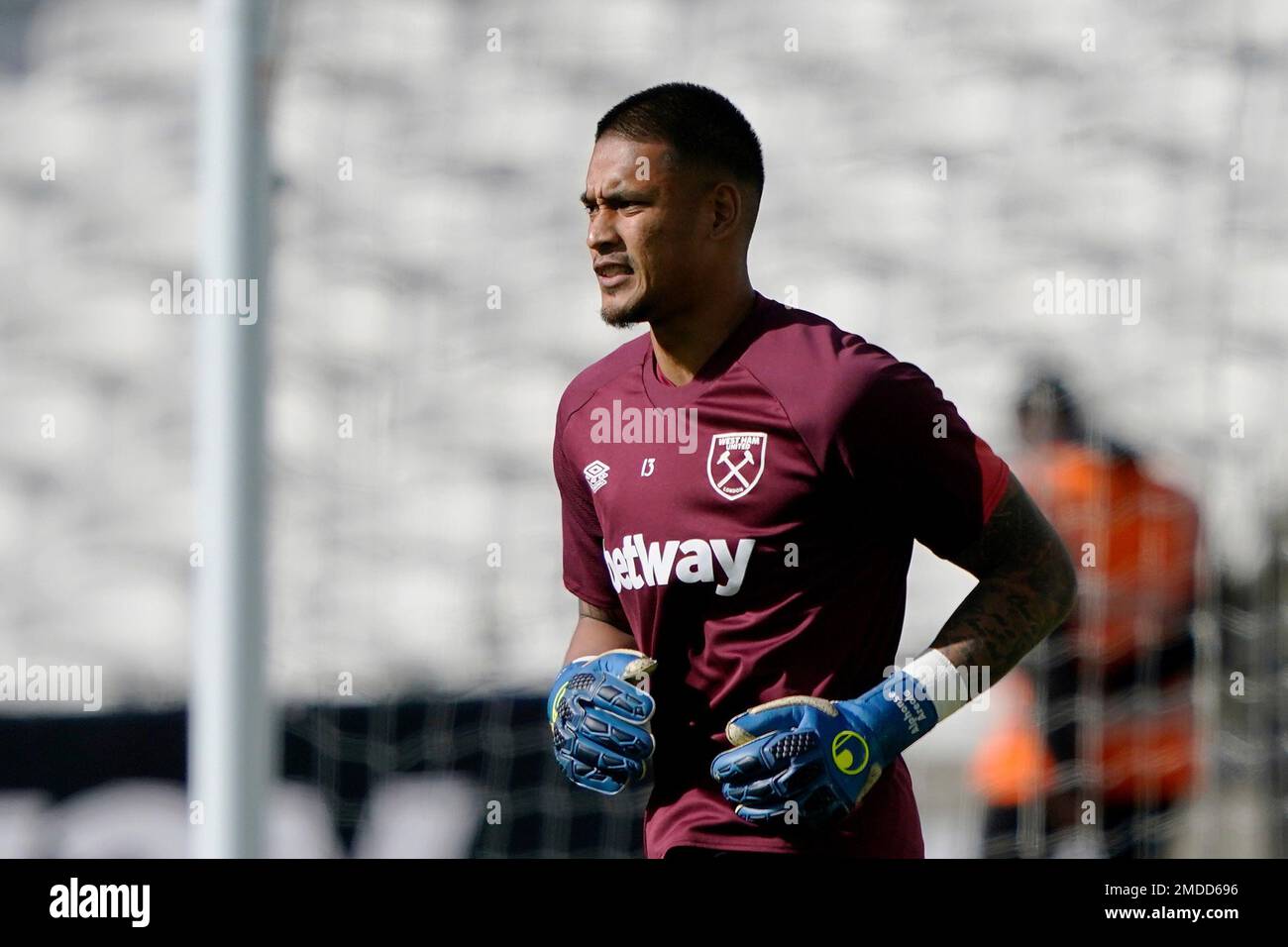West Ham United goalkeeper Alphonse Areola (13) warms up before an ...