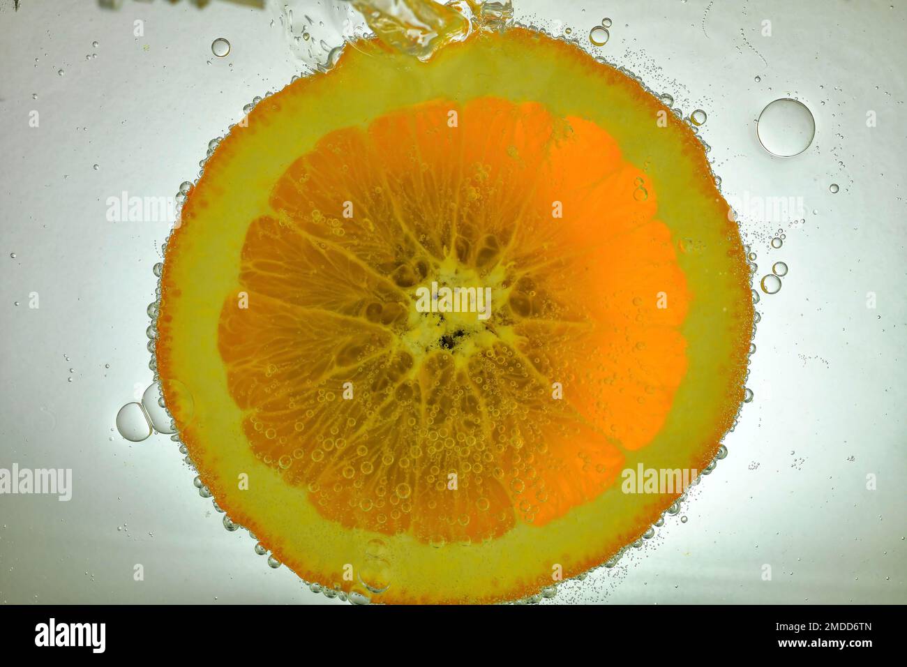 Orange fruit slice floating in club soda. Fresh orange slice with ...