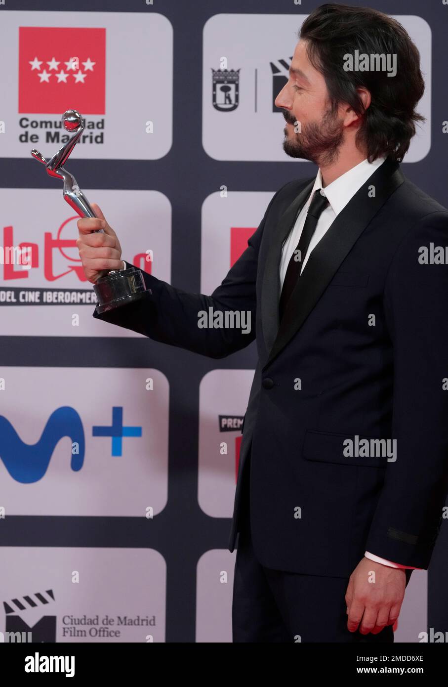 Mexican actor Diego Luna holds the Honor prize during the Platino ...