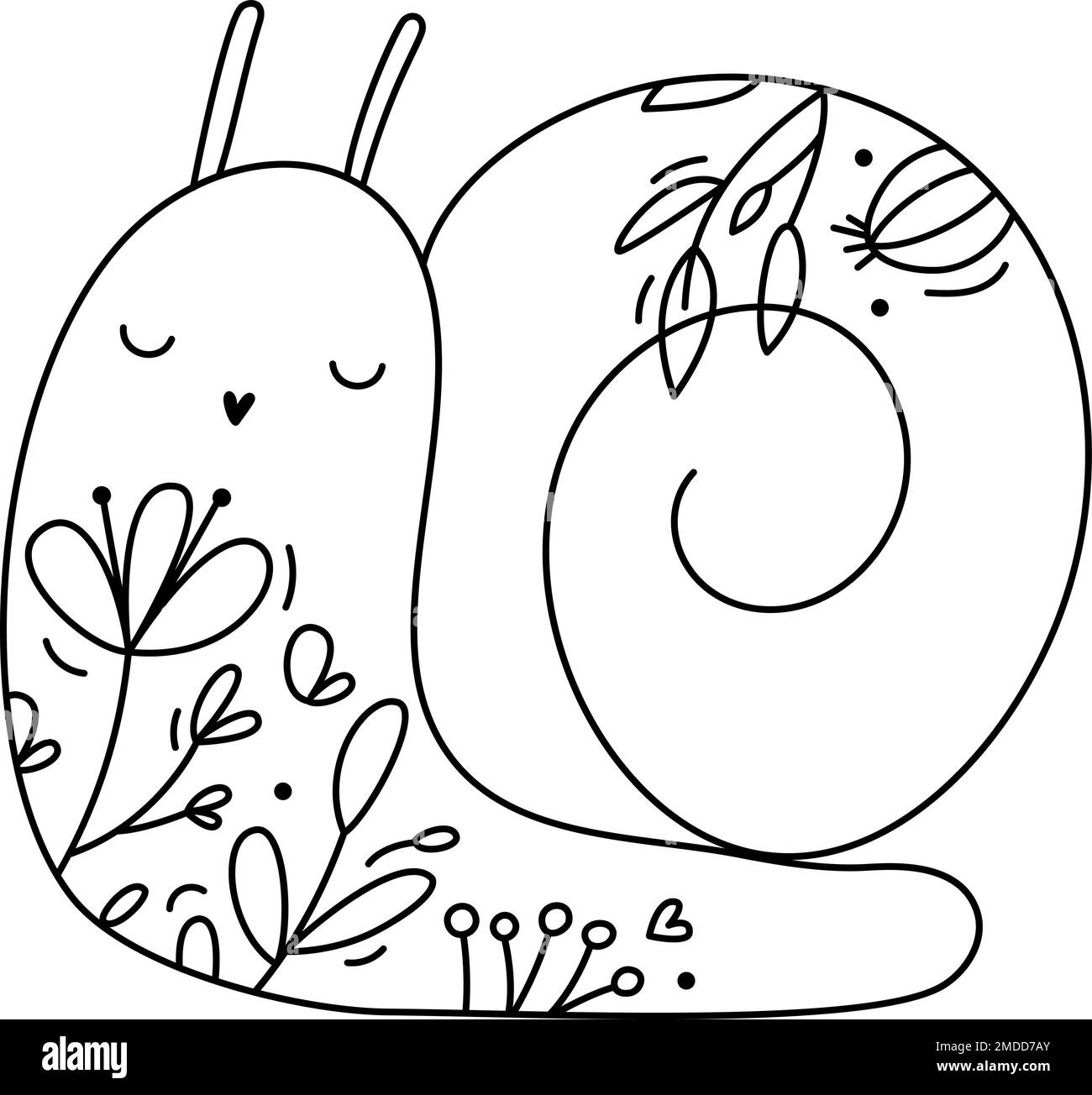 Cute hand drawn vector baby snail line spring with line berries ...