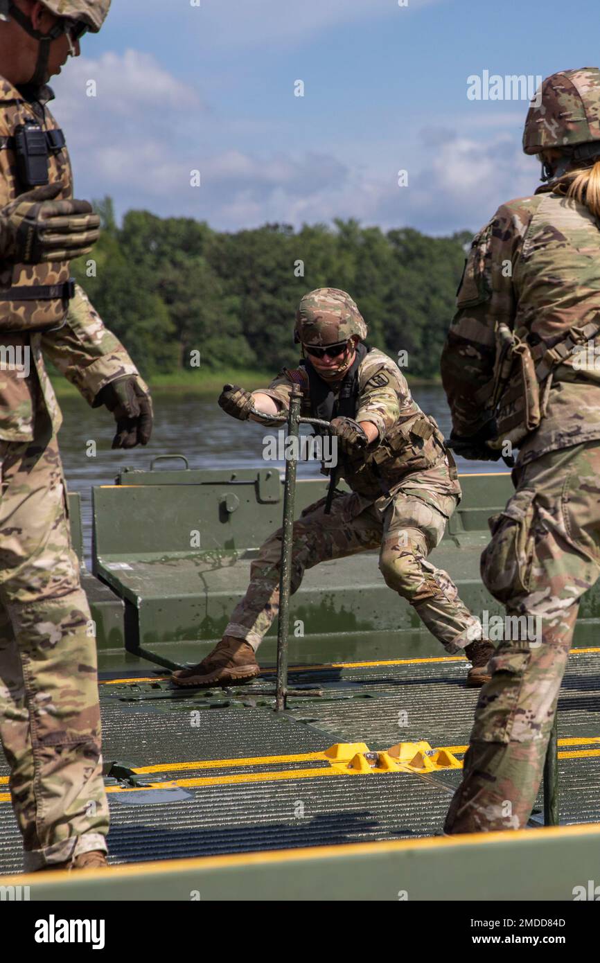 Pfc. Austin Veronen, a bridge builder crewmember with the Army Reserve ...