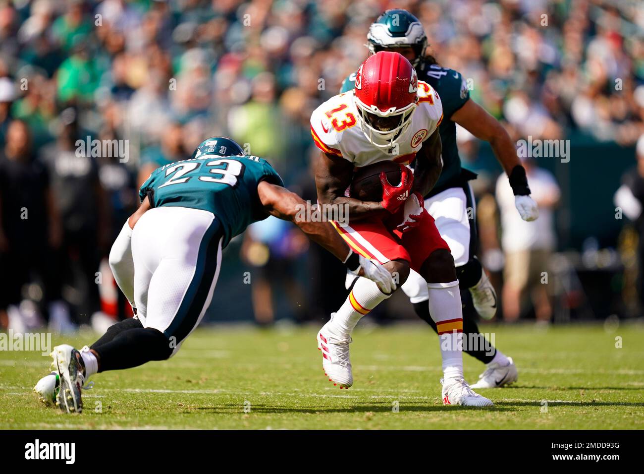 Kansas City Chiefs wide receiver Byron Pringle (13) is stopped with the ...