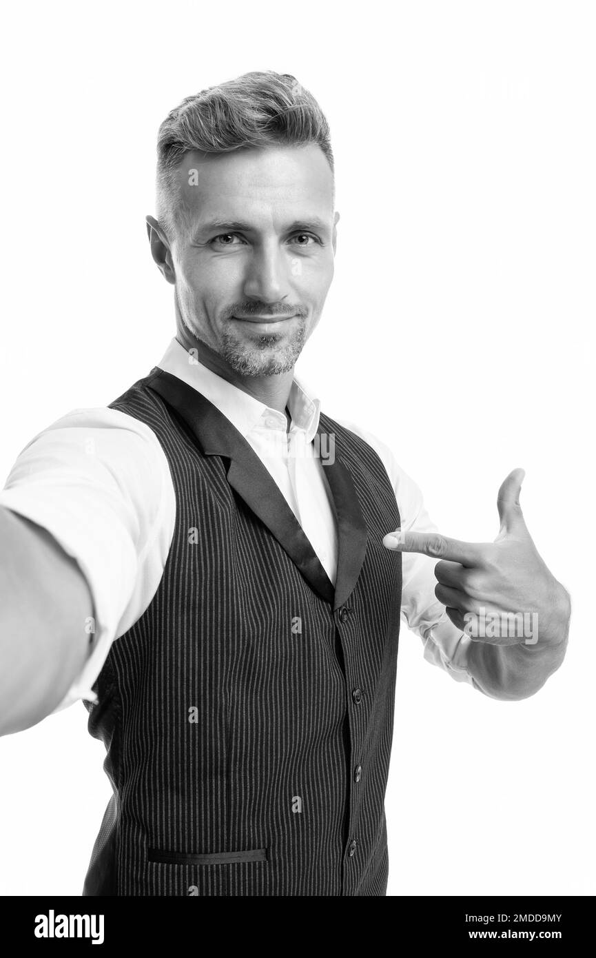 Advert happy man pointing Black and White Stock Photos & Images - Alamy
