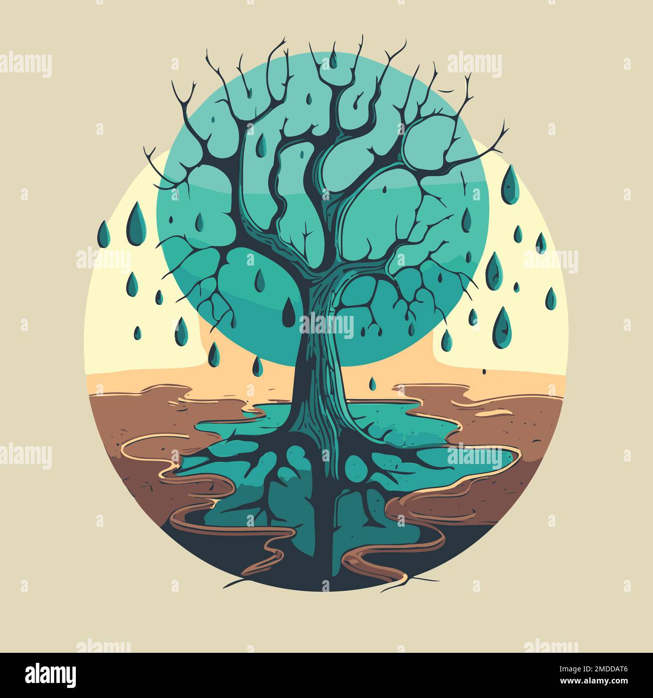 illustration of dry tree isolated in the desert with water remnants ...