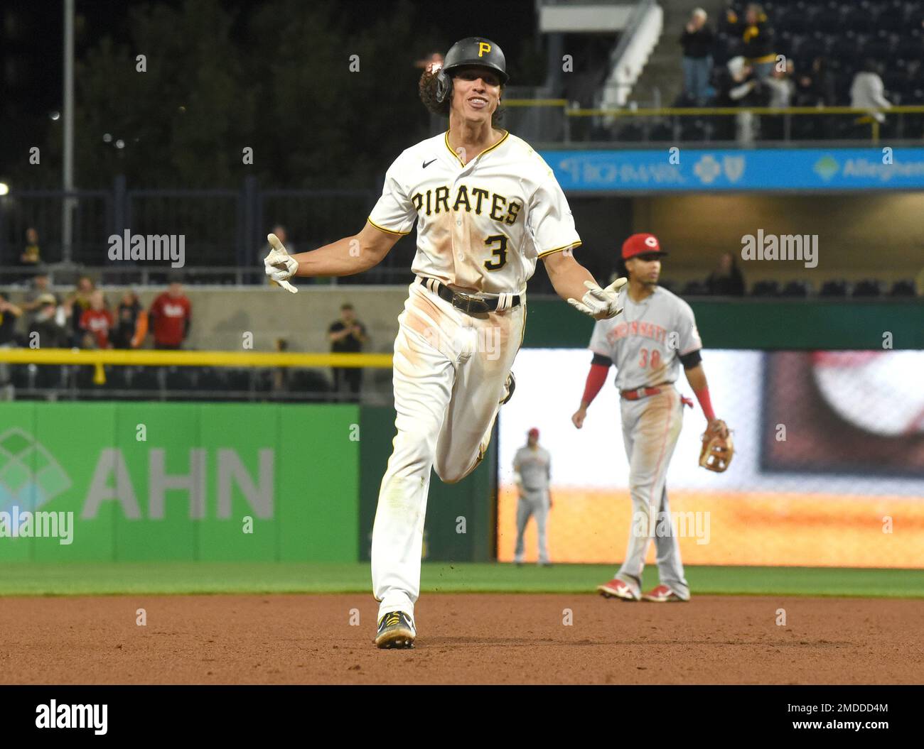Pittsburgh Pirates' Cole Tucker (3) celebrates a grand slam against the ...
