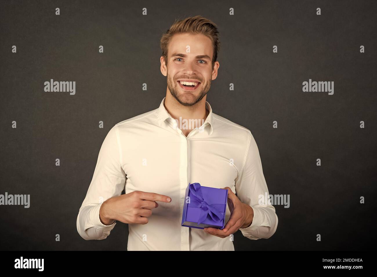happy man point finger on box after shopping sale, purchase Stock Photo ...