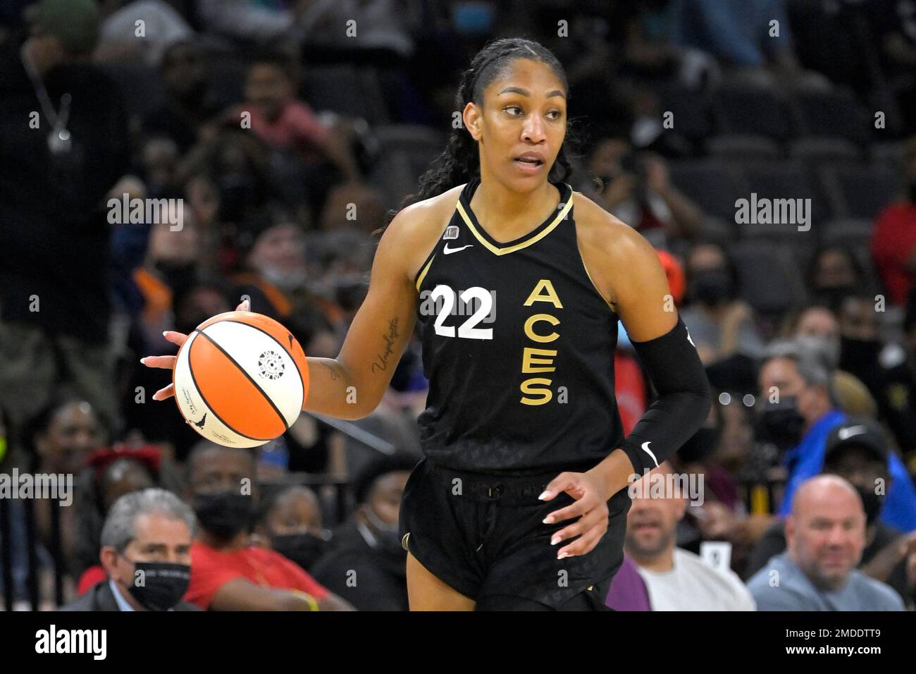 Las Vegas Aces forward A'ja Wilson (22) brings the ball up court ...