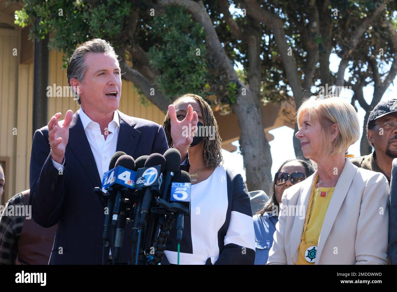 Los Angeles County Supervisor Janice Hahn looks on as California Gov ...