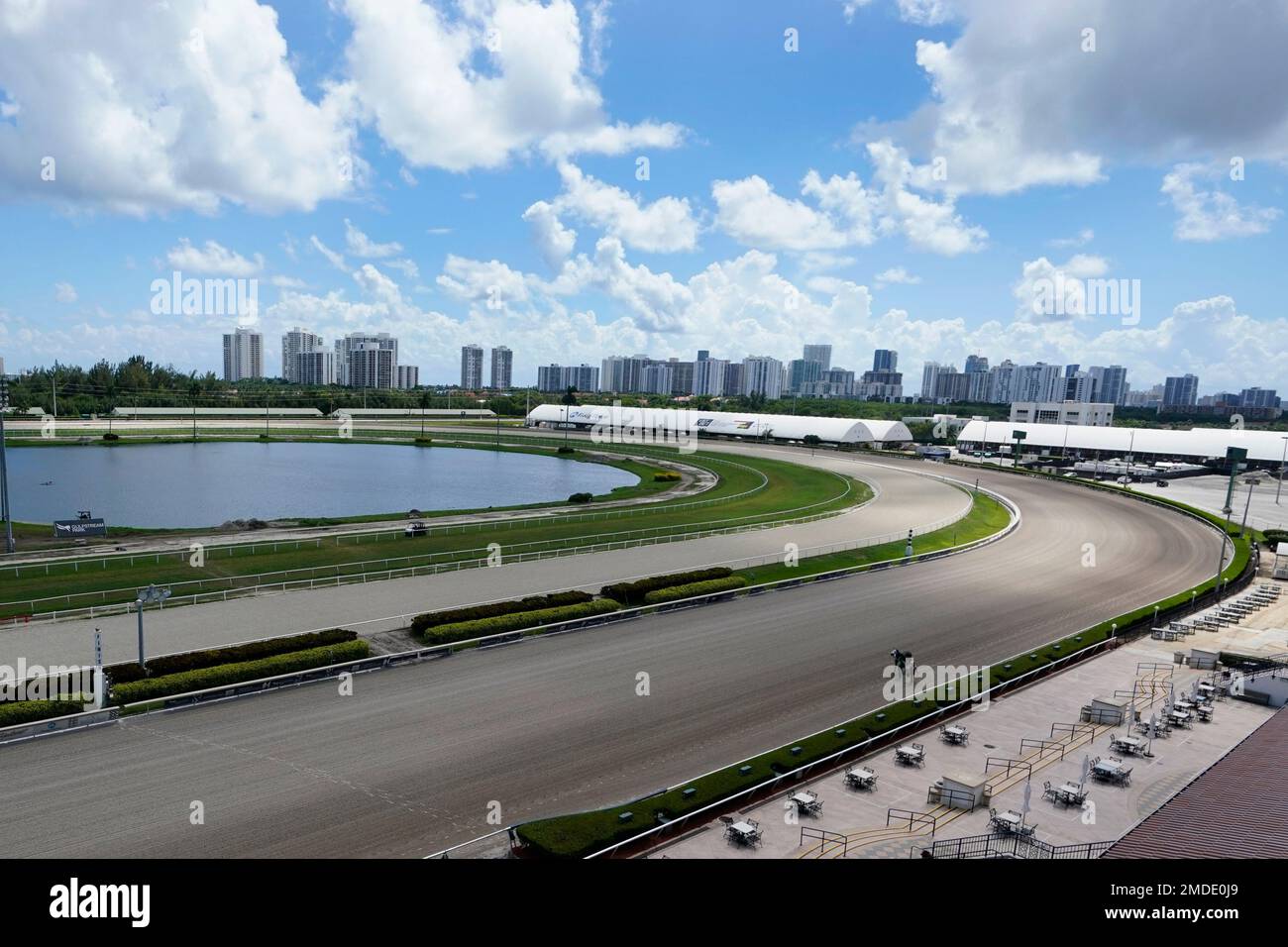 Three race tracks at Gulfstream Park are shown, dirt, foreground ...