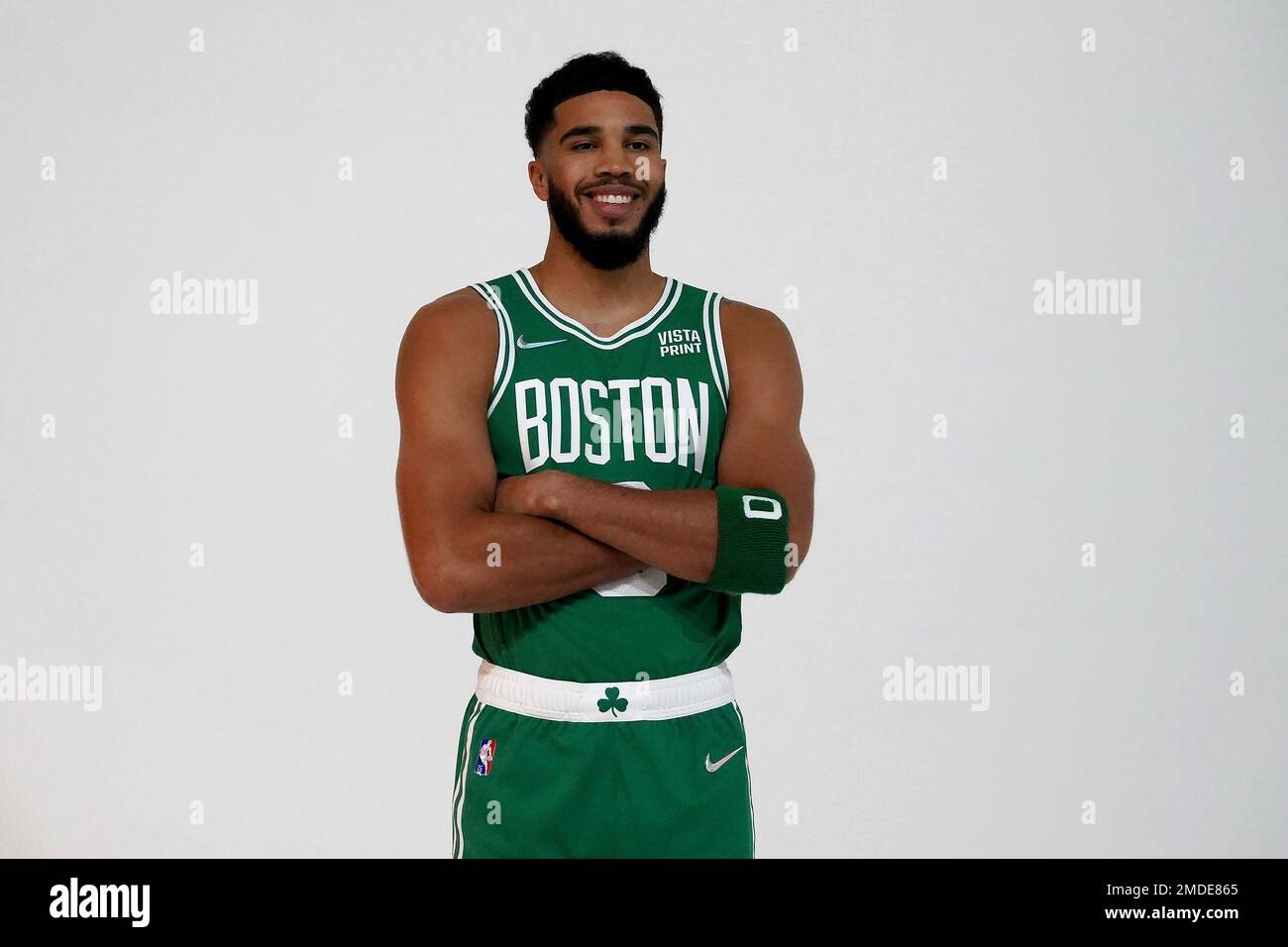 Boston Celtics forward Jayson Tatum poses for a photo during the Boston ...