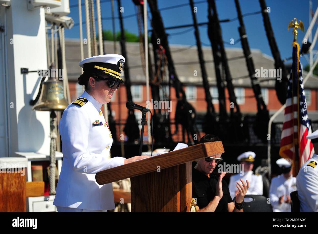 BOSTON (July 22, 2022) - Cmdr. Kaitlin McLeod addresses guests during ...
