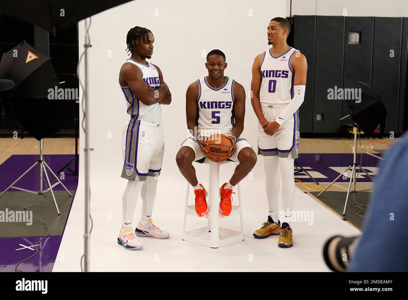 Sacramento Kings guards, Davion Mitchell, left, De'Aaron Fox, center and Tyrese Haliburton pose ...