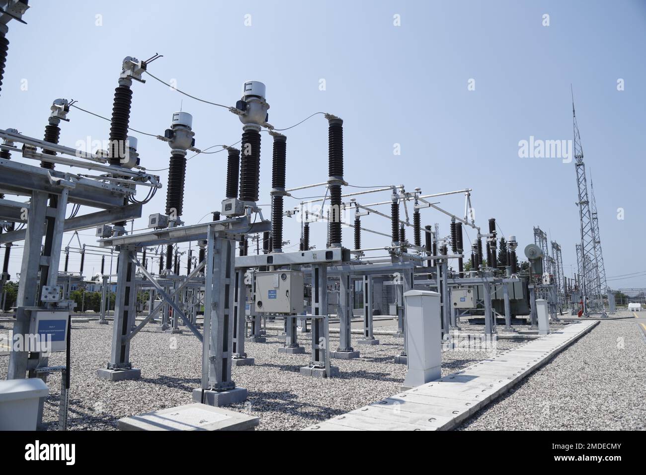 An aerial view of electrical substation surrounded by metal towers ...