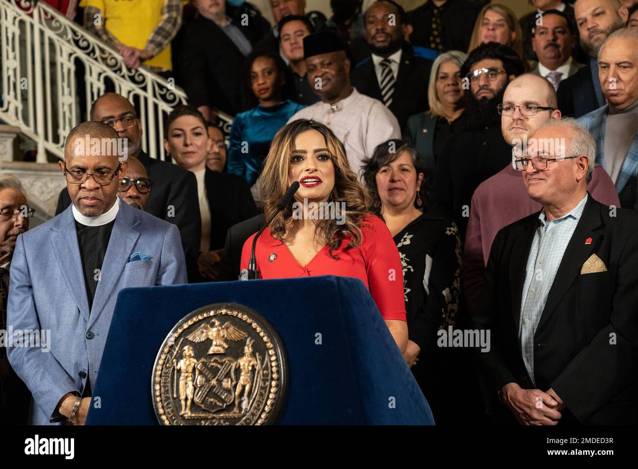 New York, USA. 22nd Jan, 2023. Assembly Member Jenifer Rajkumar speaks ...