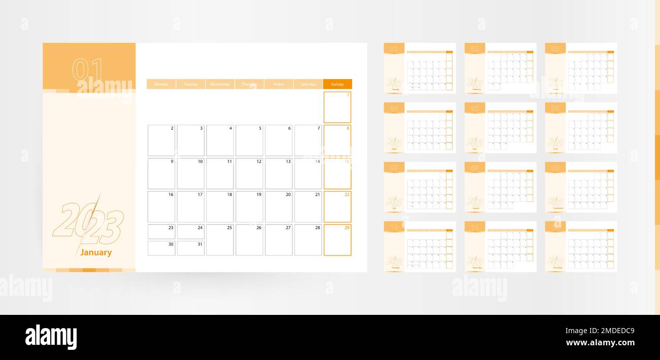 Horizontal planner for the year 2023 in the orange color scheme. The ...