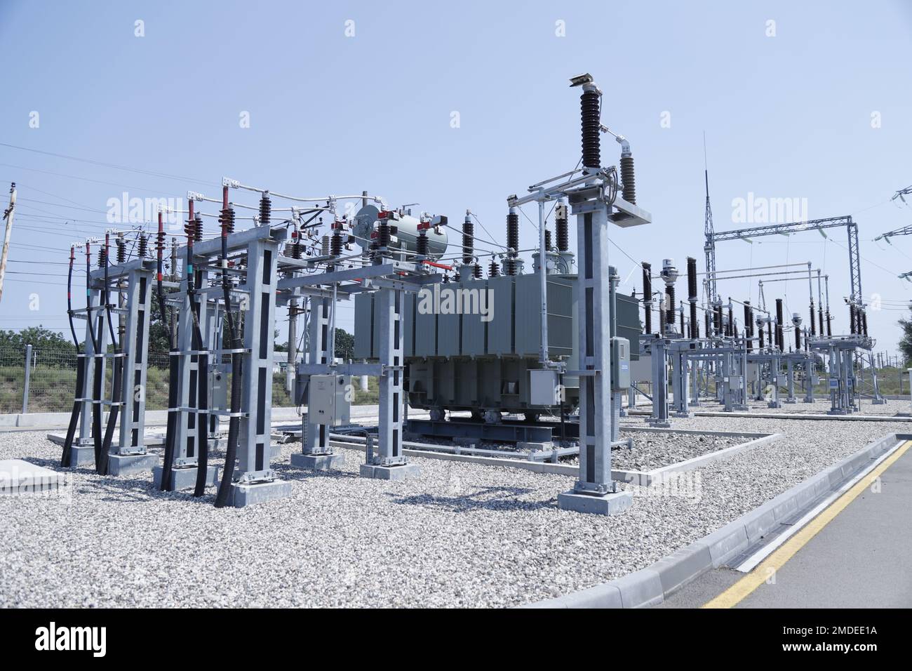 An aerial view of electrical substation under blue sky Stock Photo - Alamy