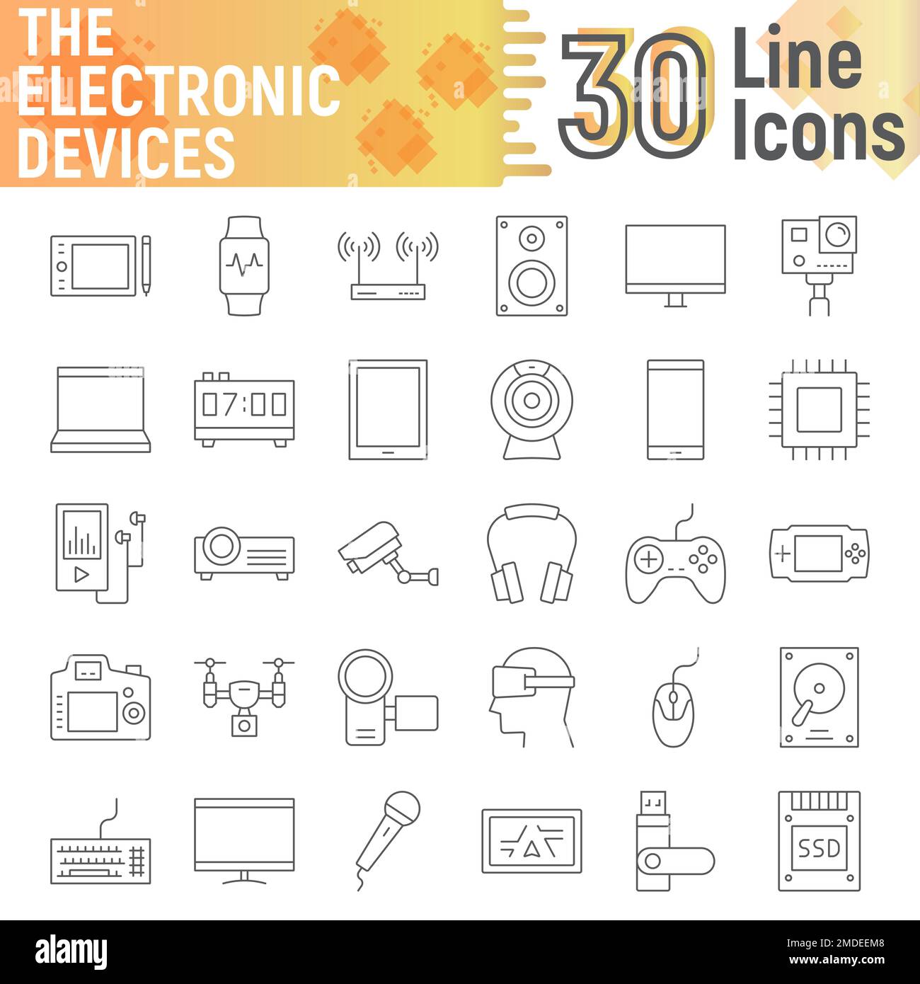 Electronic devices thin line icon set, media symbols collection, vector sketches, logo ...