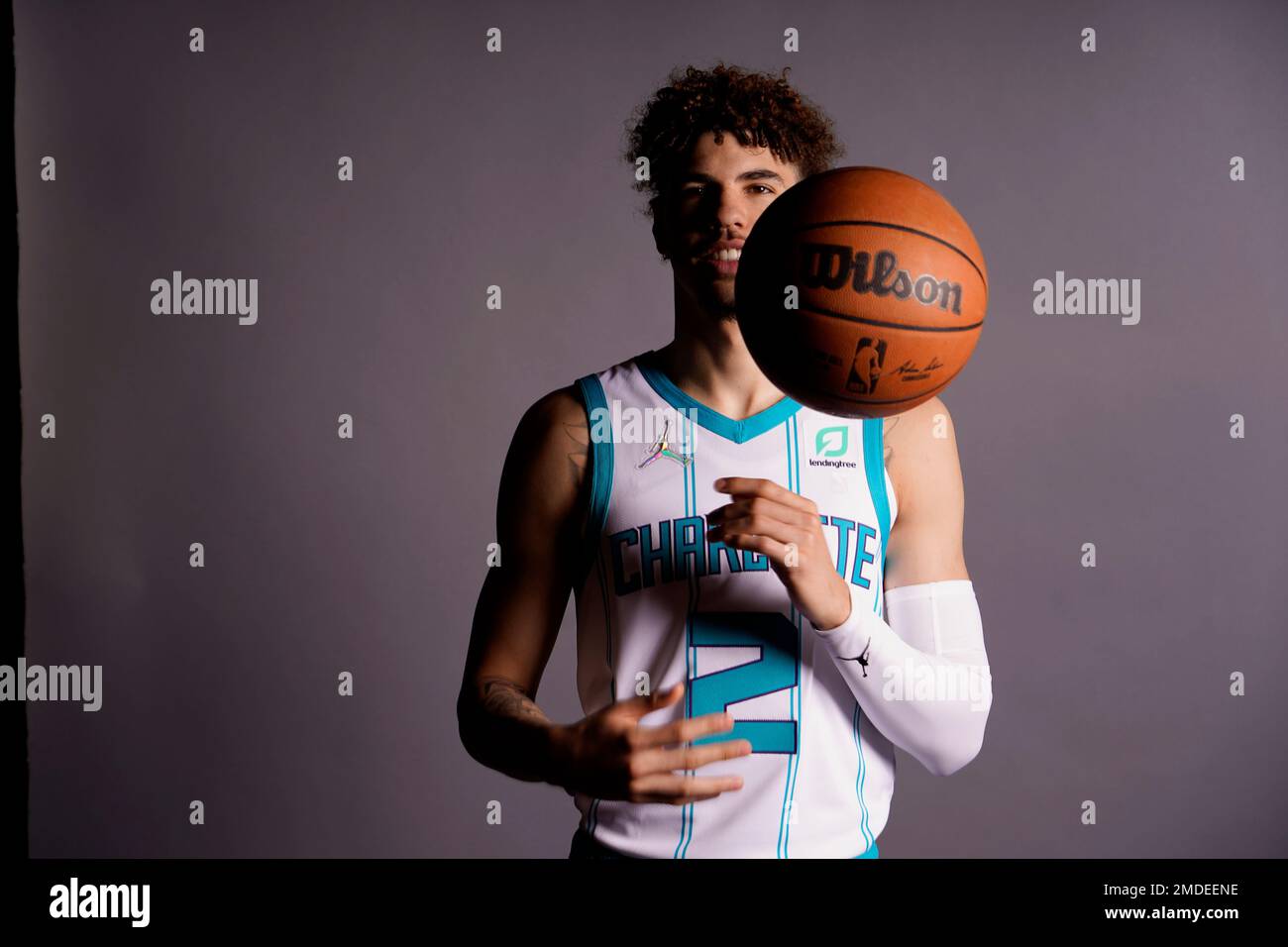 Charlotte Hornets' LaMelo Ball poses for a picture during media day ...