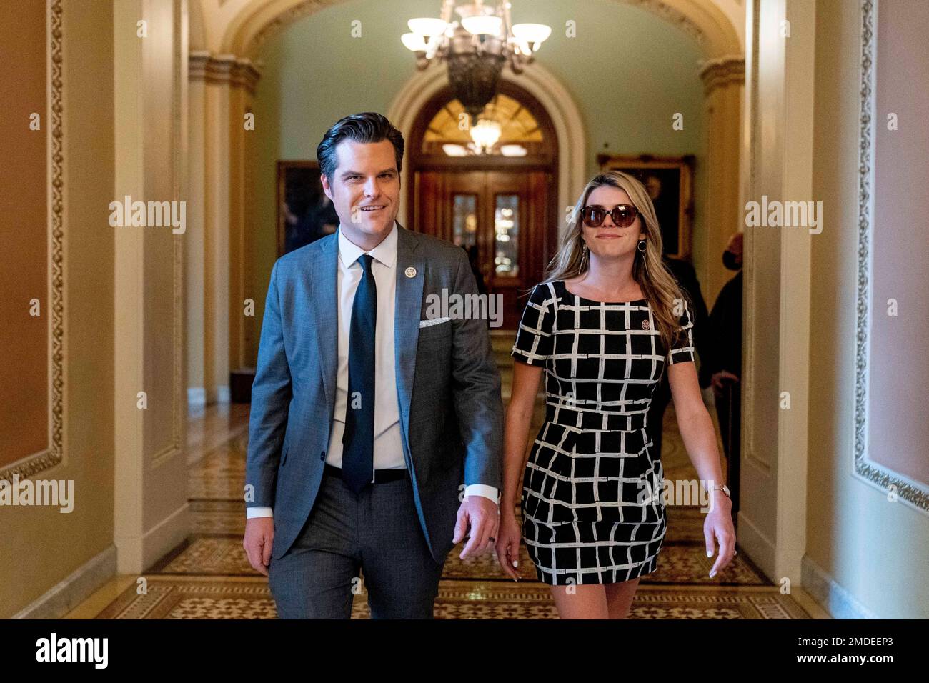 Rep. Matt Gaetz, R-Fla., and his wife Ginger Luckey walk through the U ...