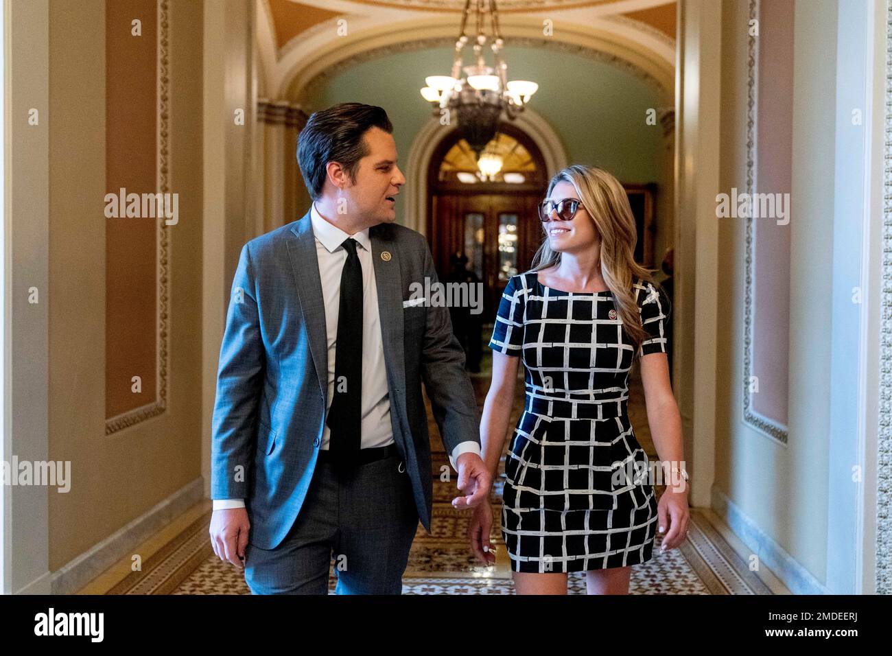 Rep. Matt Gaetz, R-Fla., and his wife Ginger Luckey walk through the U ...