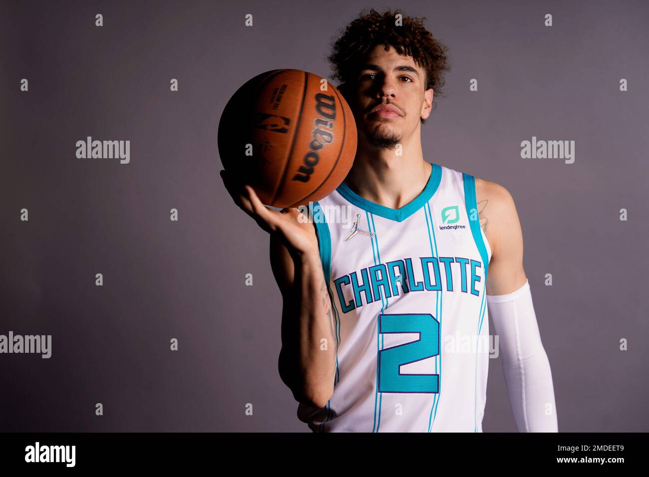 Charlotte Hornets' LaMelo Ball poses for a picture during media day ...