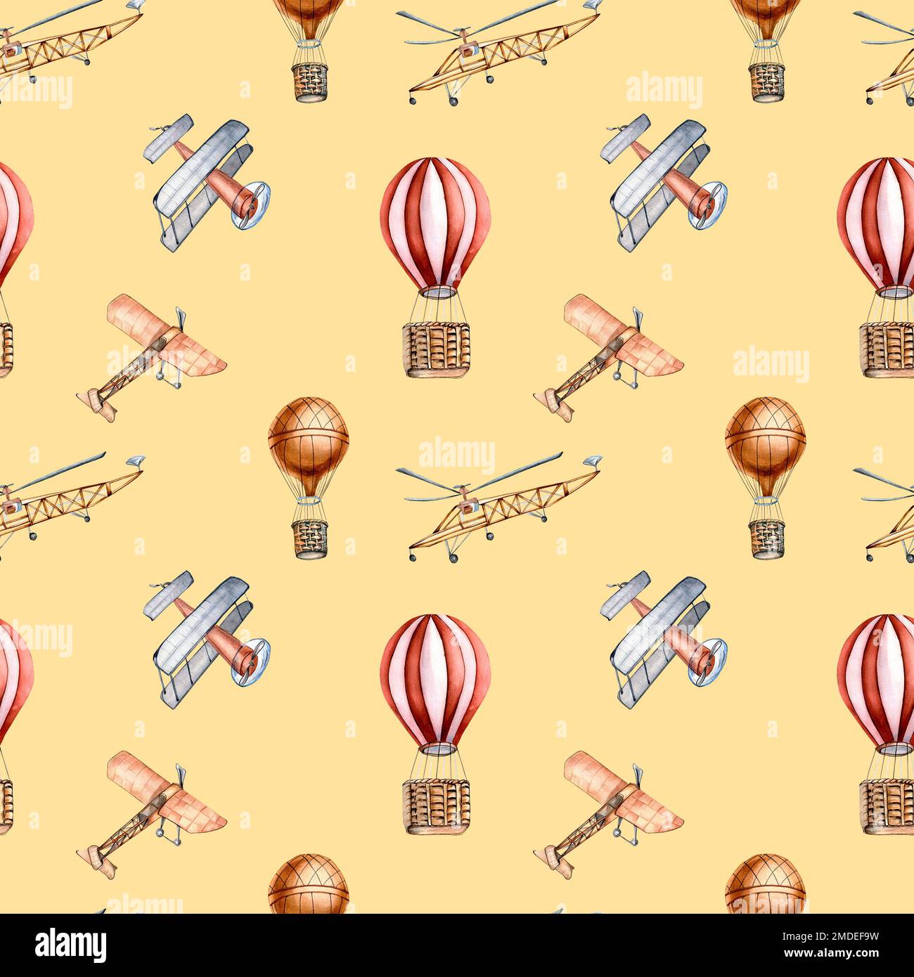 Retro air planes vintage style watercolor seamless pattern isolated on ...