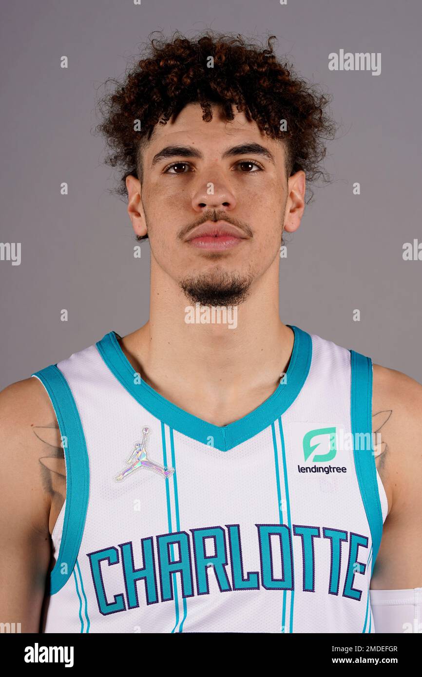 Charlotte Hornets' LaMelo Ball poses for a picture during media day ...