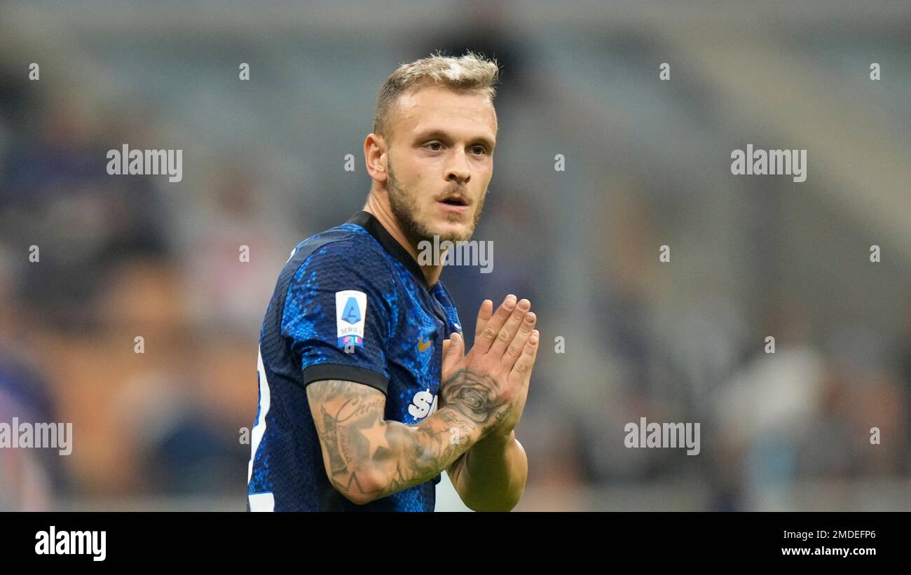 Inter Milan's Federico Dimarco gestures controls the ball during a ...
