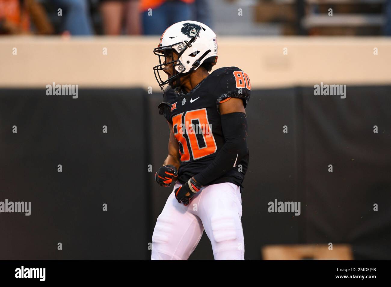 Oklahoma State wide receiver Brennan Presley (80) celebrates after a ...