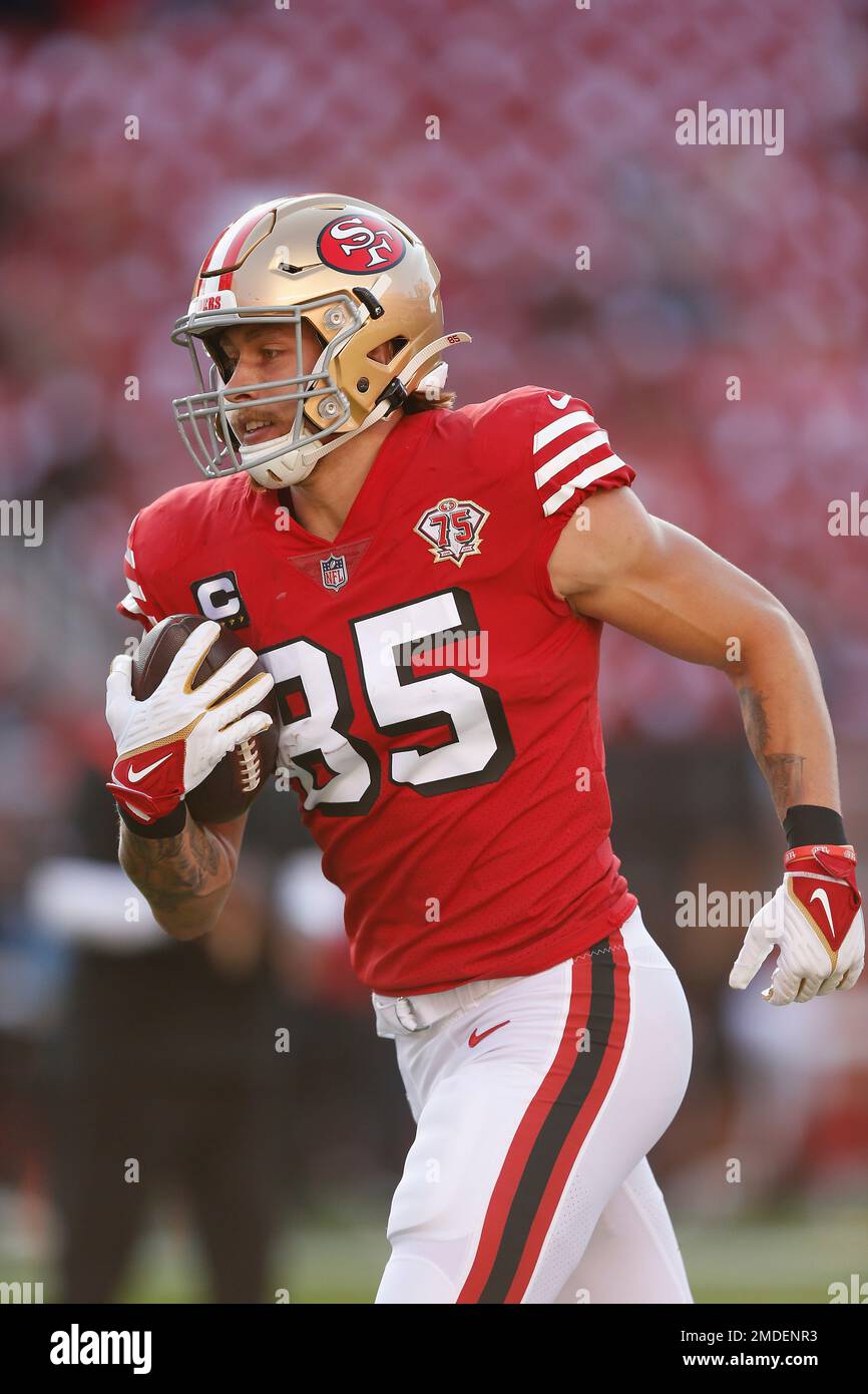 San Francisco 49ers tight end George Kittle (85) warms up before the ...