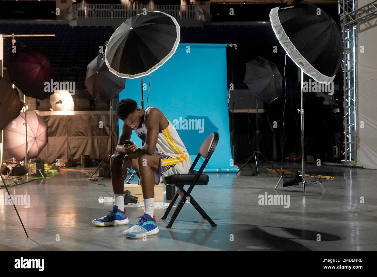 Golden State Warriors forward Andrew Wiggins sits befor posing for ...